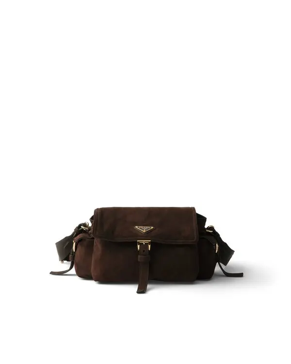 Prada Medium Suede Shoulder Bag With Flap - Brown