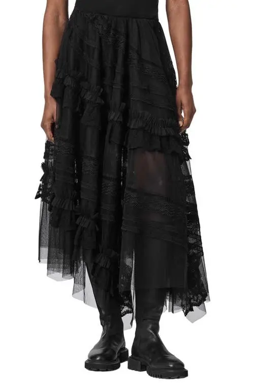 ALLSAINTS Ruffle Lace Midi Skirt - Black