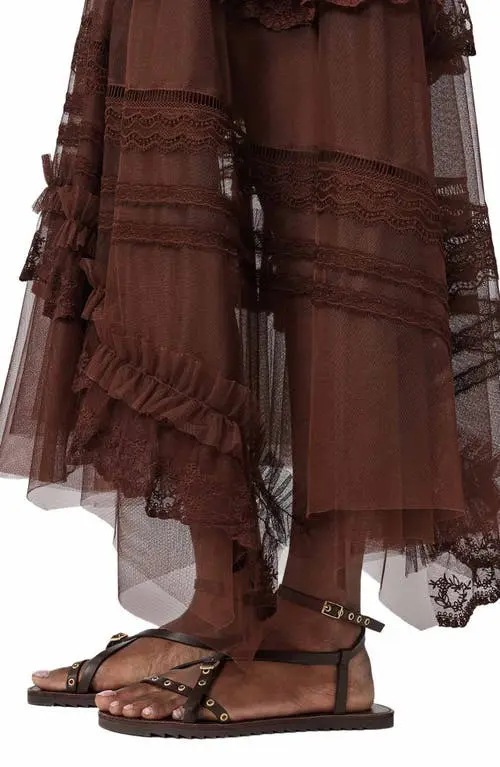 ALLSAINTS Jen Ruffle Lace Midi Skirt - Hot Choc Brown