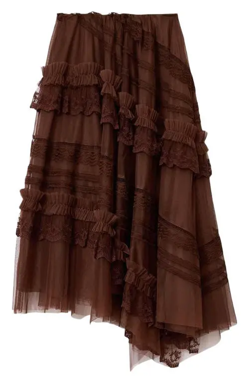 ALLSAINTS Jen Ruffle Lace Midi Skirt - Hot Choc Brown