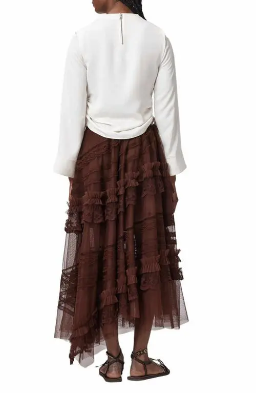 ALLSAINTS Ruffle Lace Midi Skirt - Hot Choc Brown