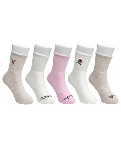 Ed Hardy Rose And Bird Embroidery Mid Crew Socks 5 Pack - Ivory