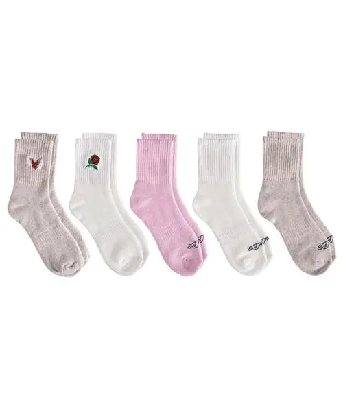 Ed Hardy Rose And Bird Embroidery Mid Crew Socks 5 Pack