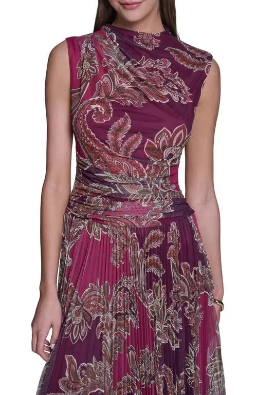 Halston Sleeveless Paisley Printed Mesh Dress