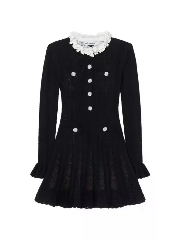 SELF-PORTRAIT Flower-trim Knit Mini Dress - Black