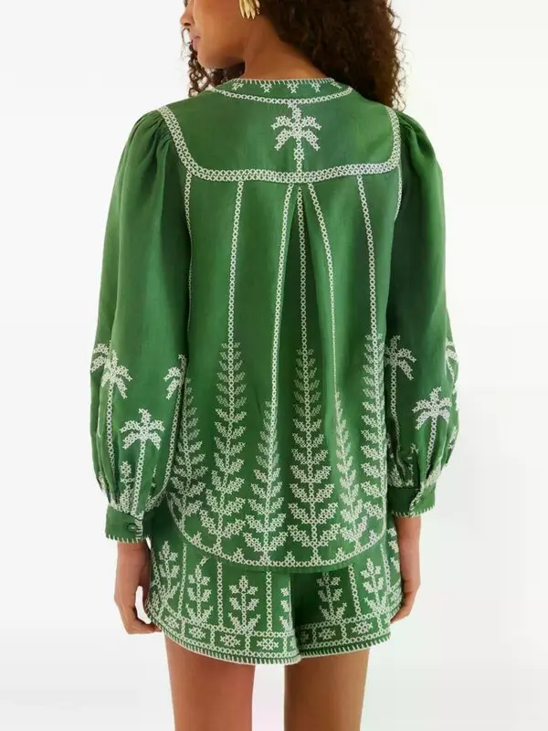 Farm Rio Bicolor Cross-stich Embroidery Blouse Long Sleeve - Green