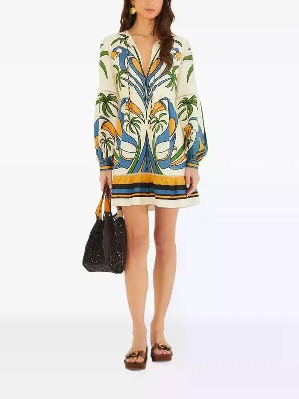 Farm Rio Sand Tropical Graphic Lace Ruffled Mini Dress - Neutrals