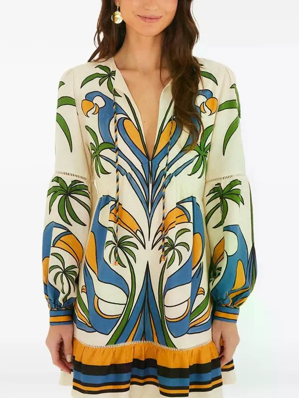 Farm Rio Sand Tropical Graphic Lace Ruffled Mini Dress - Neutrals