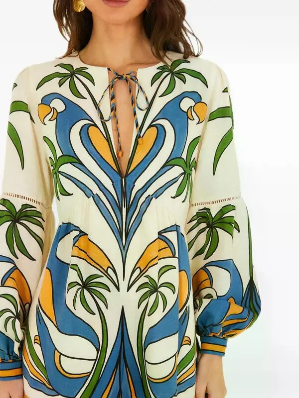 Farm Rio Sand Tropical Graphic Lace Ruffled Mini Dress - Neutrals