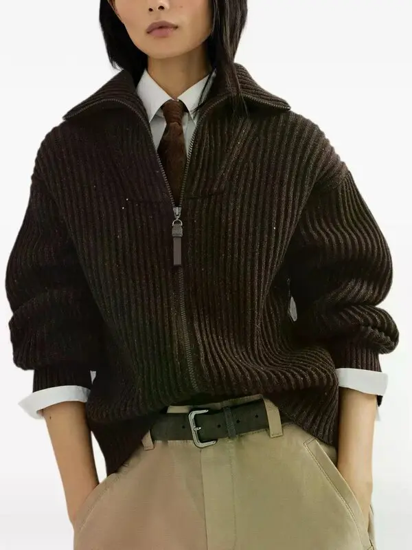 Brunello Cucinelli Ribbed Knit Sequin Embellished Cardigan