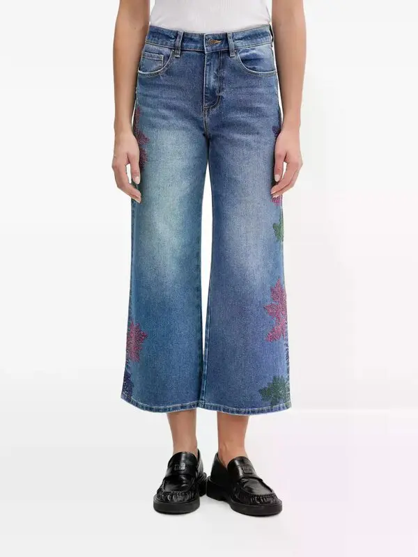 Desigual Embroidered Wide-leg Cropped Jeans