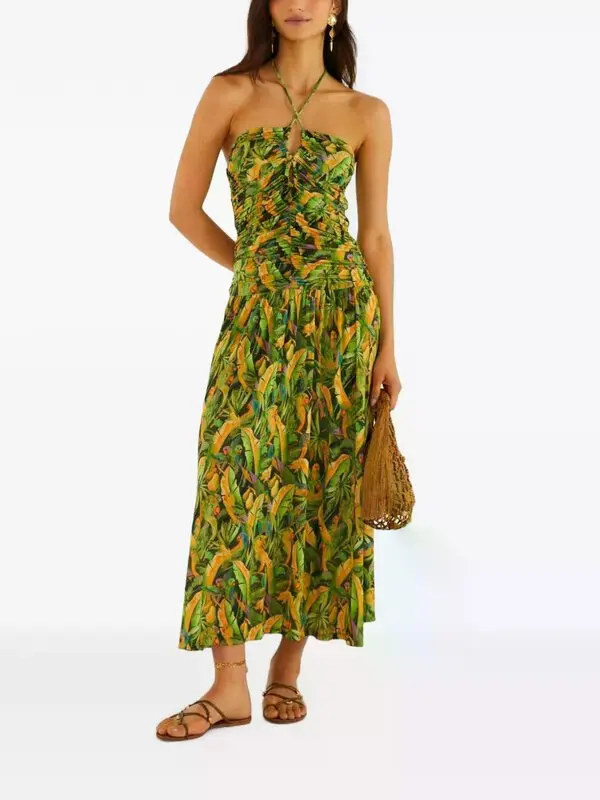 Farm Rio Forest Parrots Ruched-bodice Maxi Dress - Green