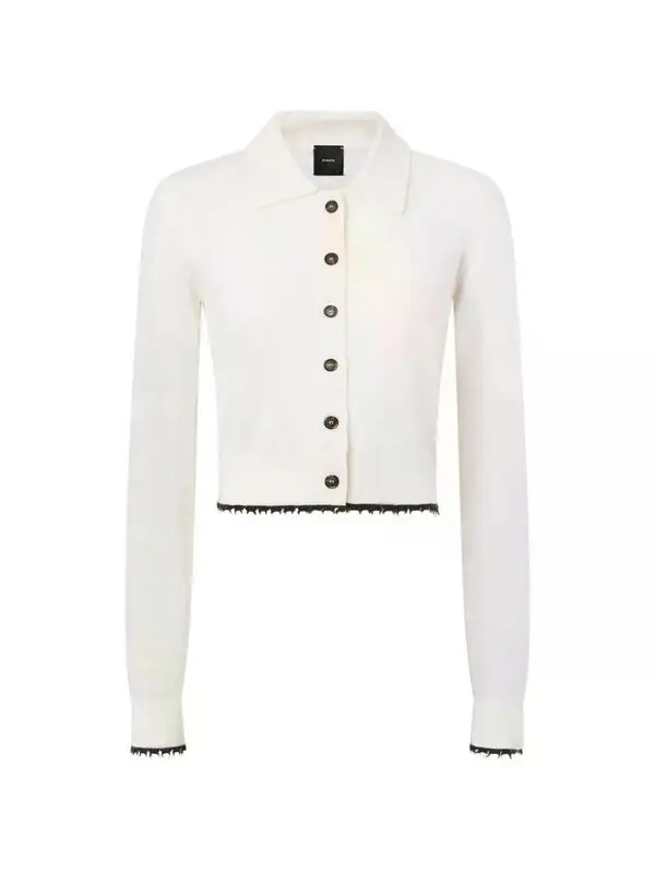 Pinko Cropped Cardigan With Polo Collar And Distressed Edges - Neutrals