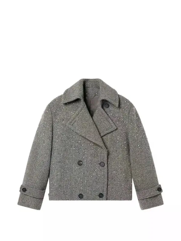 GOLDEN GOOSE Journey Short Trench Coat Regina Embellished Salt And Pepper Virgin Wool - Grey