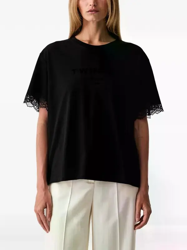 TWINSET Lace-trim Logo-print T-shirt - Black