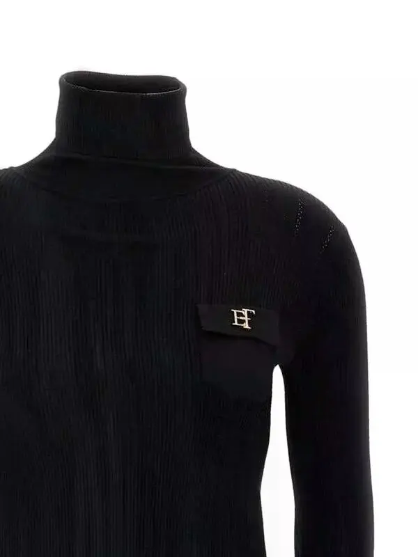Elisabetta Franchi Knit Turtleneck Top With Openwork Embroideries - Black