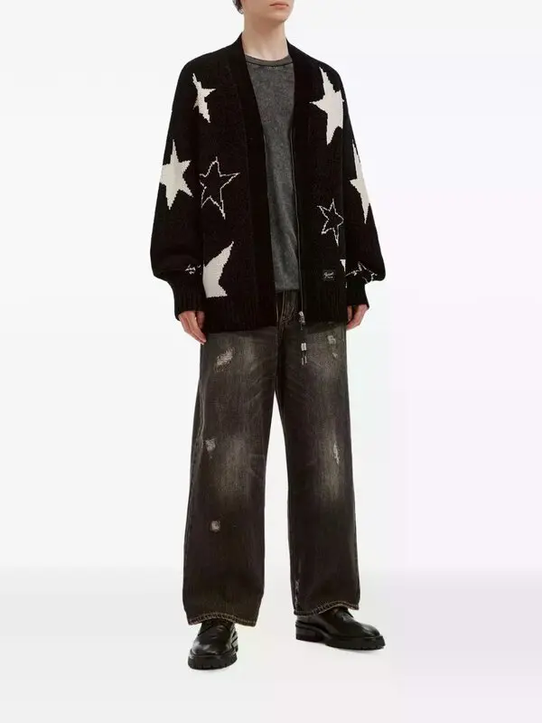 FIVE CM Star Intarsia Zip-up Cardigan - Black
