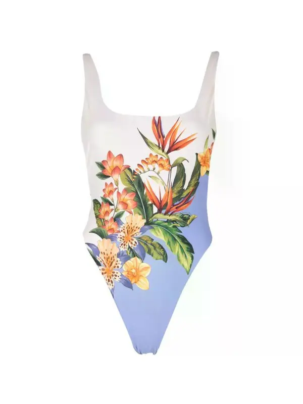 Farm Rio Hilo Stripes Floral-print Square-neck Swimsuit - White
