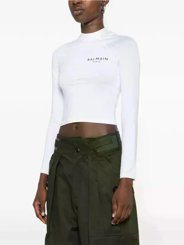 Balmain Logo-print Cropped High Neck Long Raglan Sleeve T-shirt
