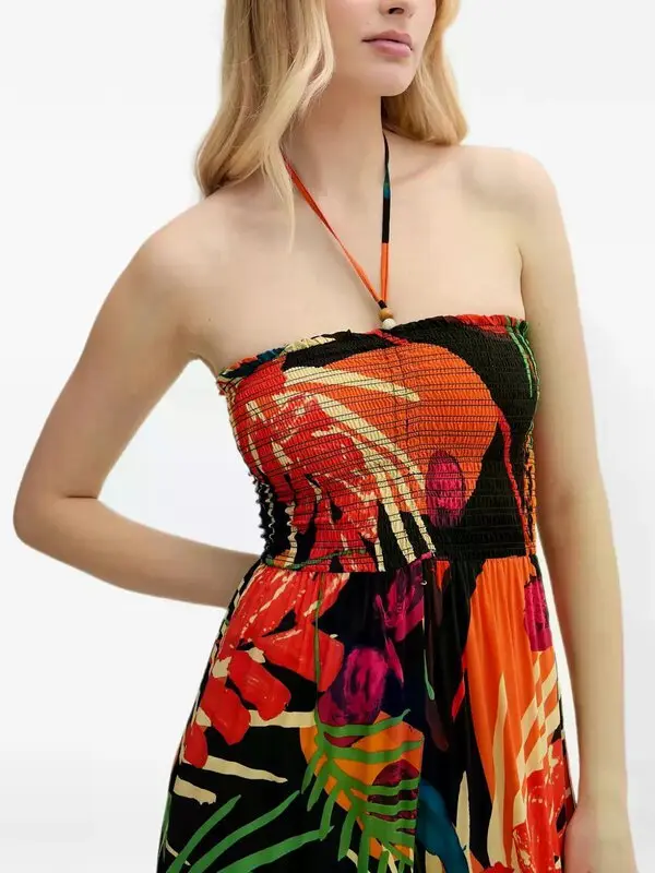 Desigual Tropical Print Smocked Halterneck Wide Leg Jumpsuit