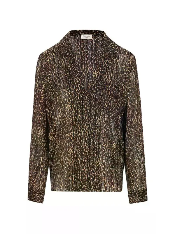 Saint Laurent Blouse With A Pajama Collar And Covered Buttons, Decorated With A Lurex-stripe Leopard-print Motif - Brown