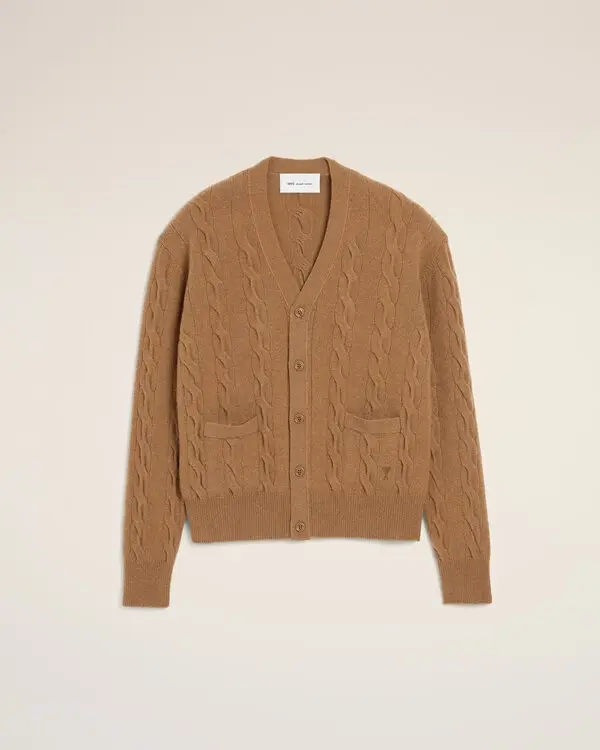 AMI Paris Cable Knit V-neck Cardigan - Camel
