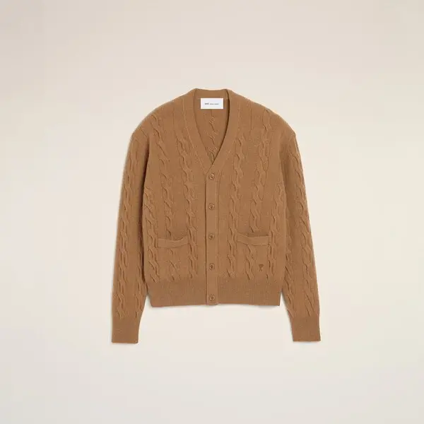 AMI Paris Cable Knit V-neck Cardigan - Camel
