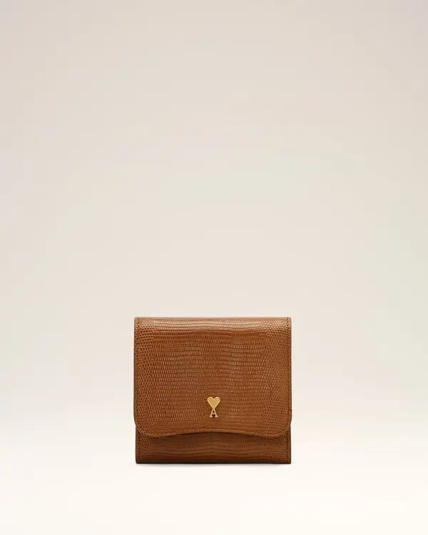 AMI Paris Brown Lizard Embossed Paris Paris Leather Compact Wallet Brown