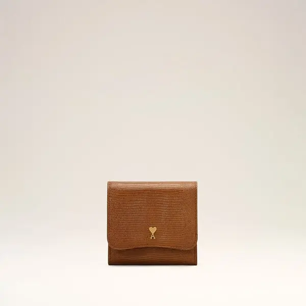 AMI Paris Brown Lizard Embossed Paris Paris Leather Compact Wallet Brown - Cognac