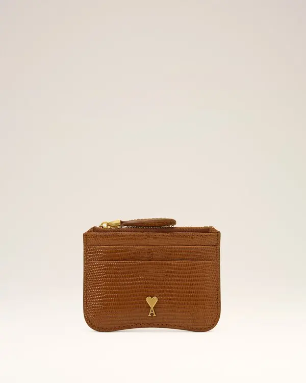 AMI Paris Brown Lizard Embossed Paris Paris Zipped Leather Card Holder Brown - Cognac