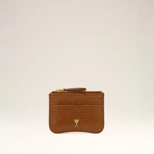 AMI Paris Brown Lizard Embossed Paris Paris Zipped Leather Card Holder Brown