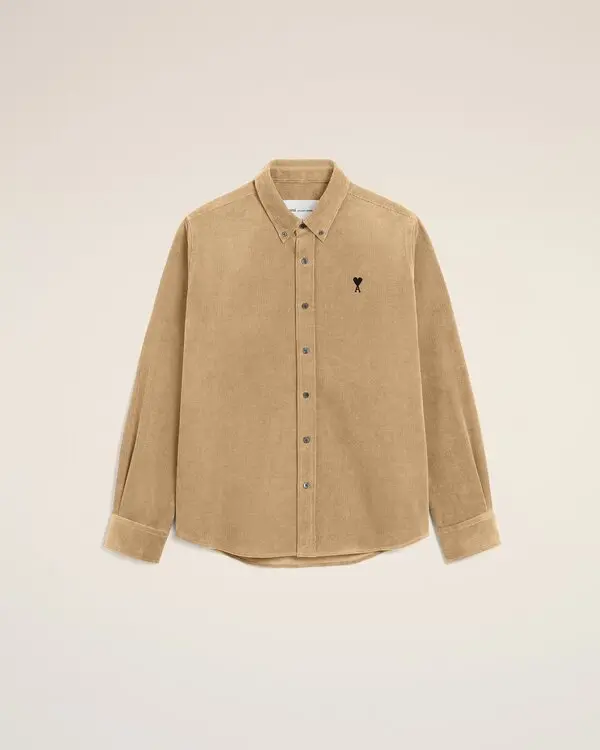AMI Paris Beige Corduroy Shirt With De Coeur Beige