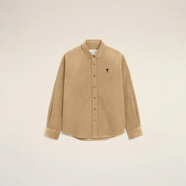 AMI Paris Beige Corduroy Shirt With De Coeur Beige - Mastic Beige
