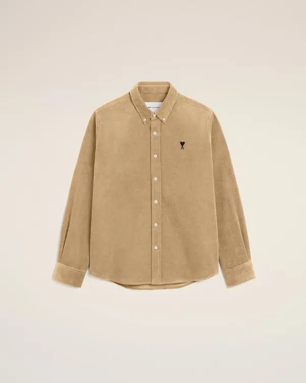 AMI Paris Beige Corduroy Shirt With De Coeur Beige - Mastic Beige