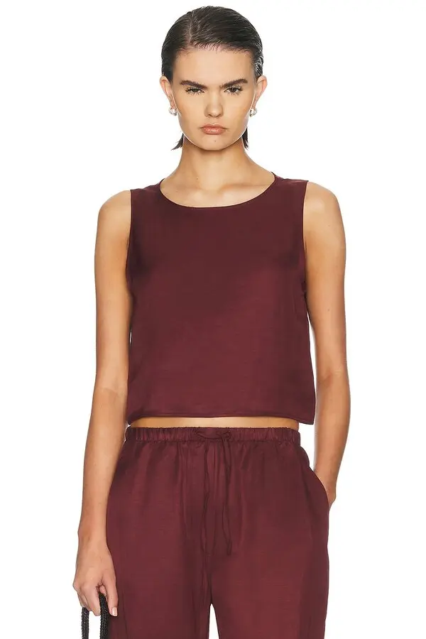 LESET Daniel Crop Sleeveless Crew Neck Top In Burgundy - Pinot