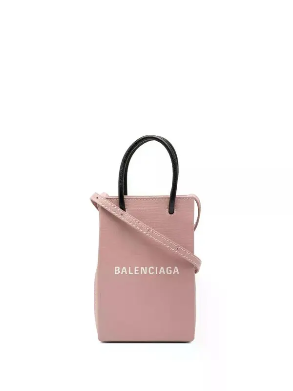 Balenciaga 2021 Mini Calfskin Logo Shopping Phone Holder Satchel - Pink