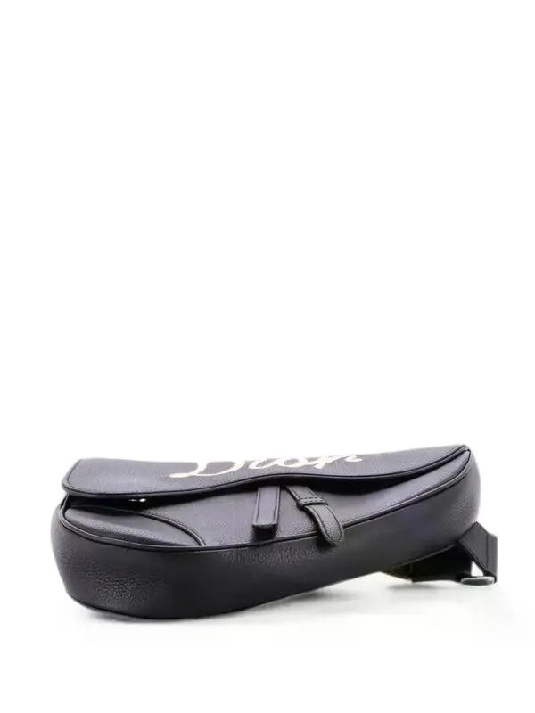 Dior Saddle Logo Embroidered Leather Crossbody Bag - Black