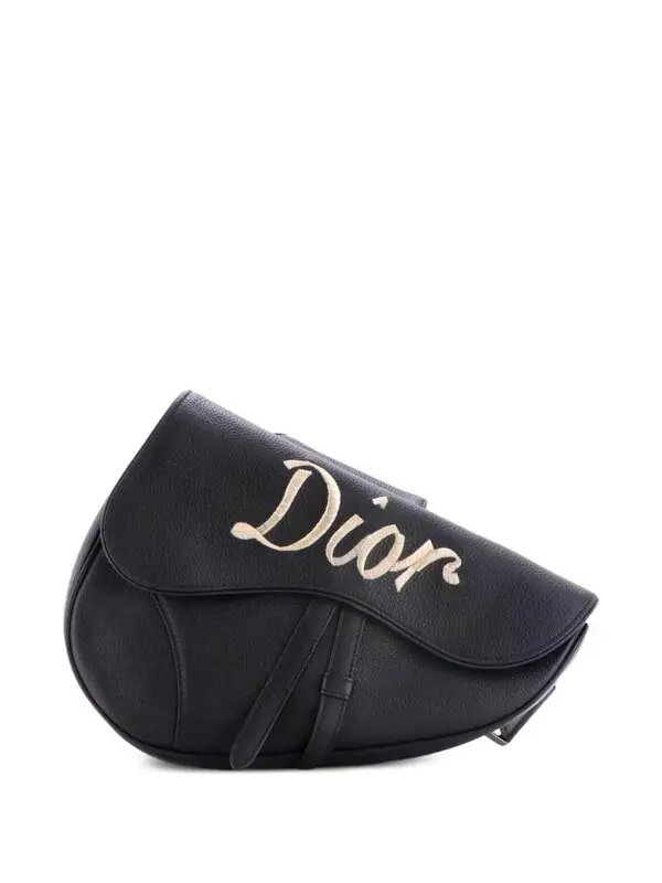 Dior Saddle Logo Embroidered Leather Crossbody Bag - Black
