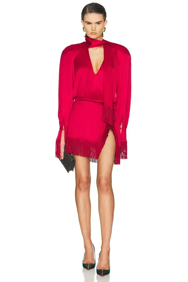 ROWEN ROSE Satin Fringe Mini Dress