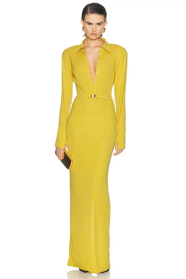 ROWEN ROSE Long Sleeve Jersey Polo Dress - Mustard