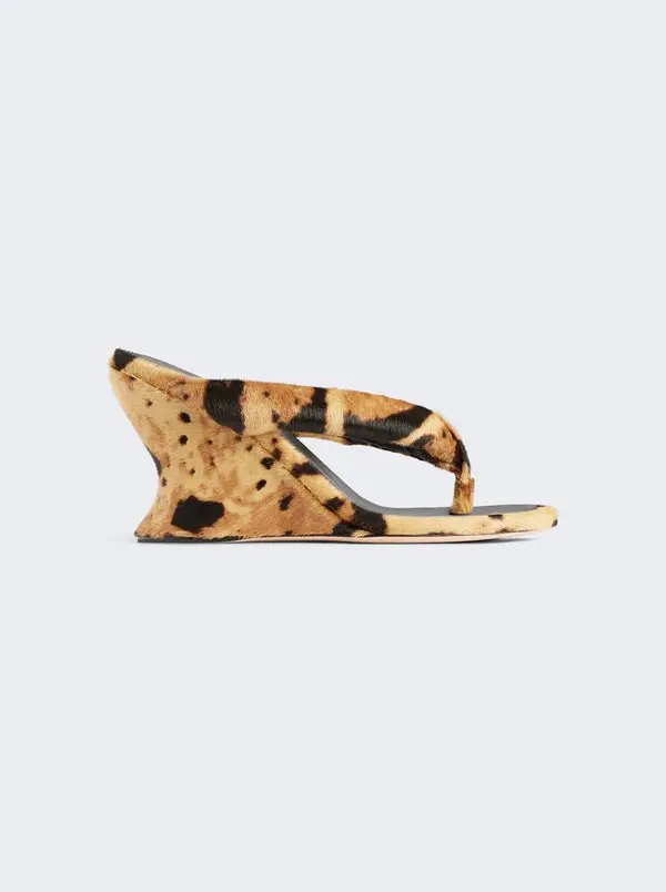 Balenciaga Leopard Print Pony Hair Calfskin Wedge Thong Sandals - Brown