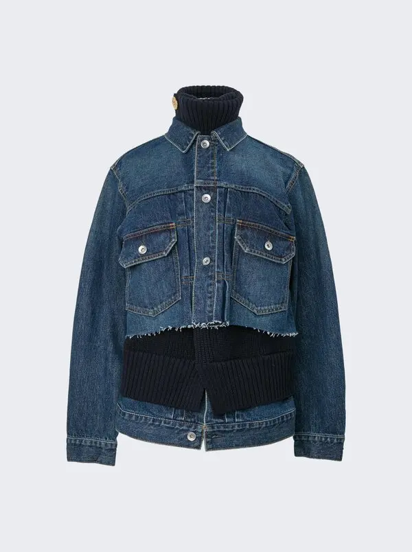 Sacai Denim X Wool Knit Jacket Blue And