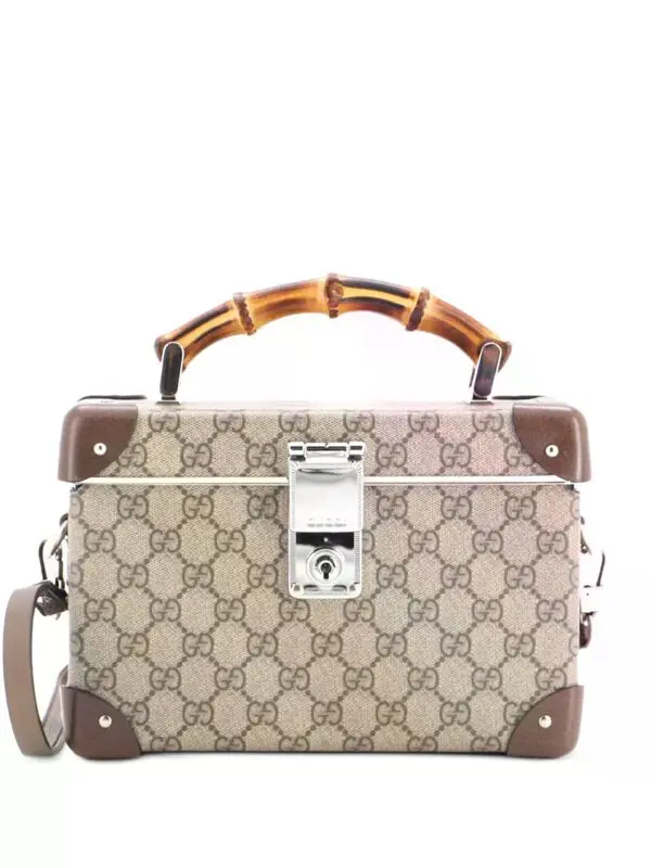 Gucci Bamboo Globe-trotter Vanity Case Gg Coated Canvas Satchel - Brown