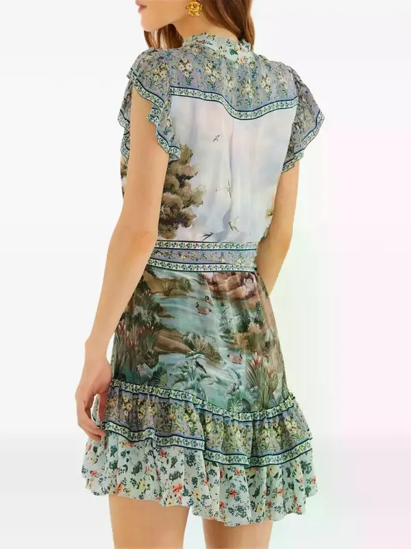 Farm Rio Multicolor Countryside Landscape Belted Ruffled Mini Dress