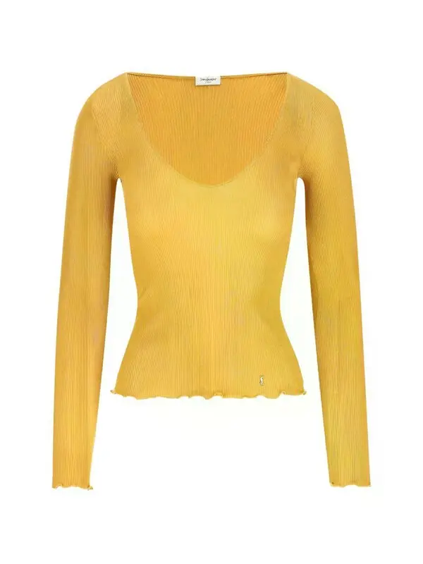 Saint Laurent Cassandre V-neck Top In Ribbed Silk
