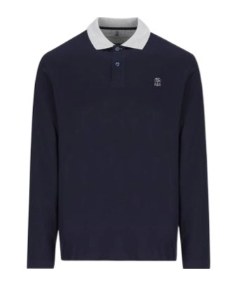 Brunello Cucinelli Logo Embroidered Long-sleeved Polo Shirt - Cobalt Blue
