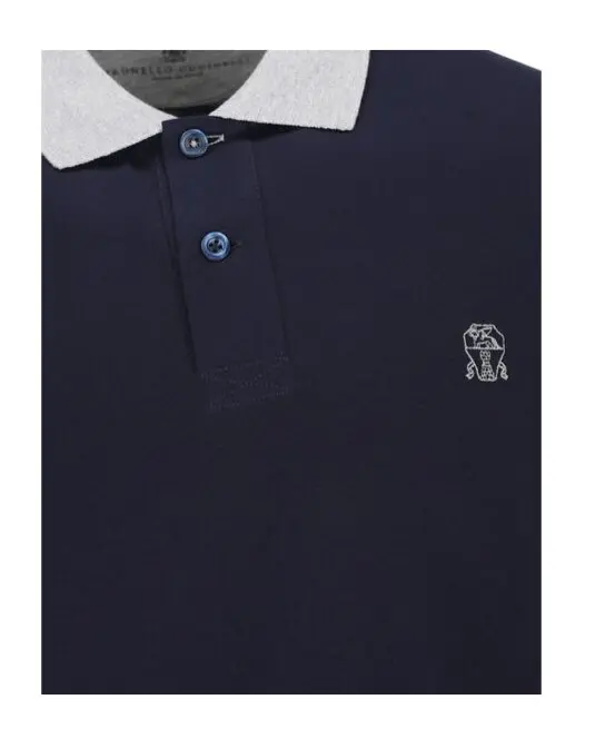 Brunello Cucinelli Logo Embroidered Long-sleeved Polo Shirt - Cobalt Blue