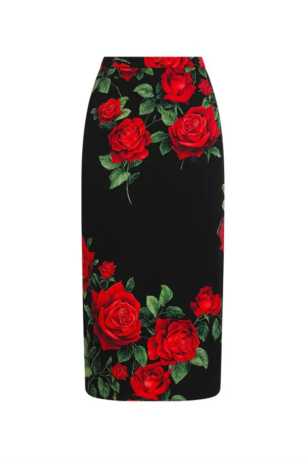Dolce & Gabbana Rose Printed Midi Skirt - Black