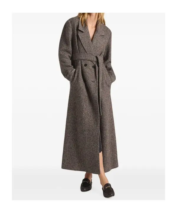 Momoni Elin Double-breasted Herringbone Long Coat - Grey