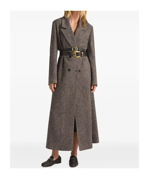 Momoni Elin Double-breasted Herringbone Long Coat - Grey